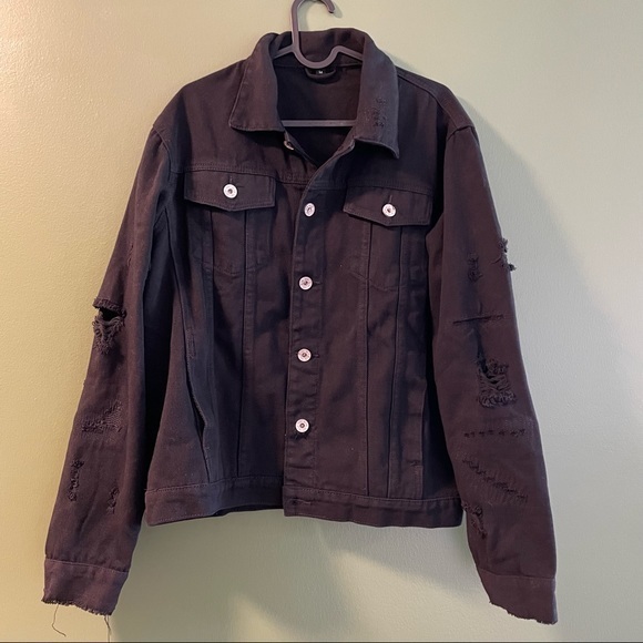 Jackets & Coats | Black Distressed Jean Jacket Medium New With Our Tags ...